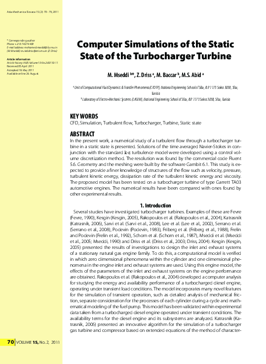 (PDF) Computer Simulations of the Static State of the Turbocharger Turbine