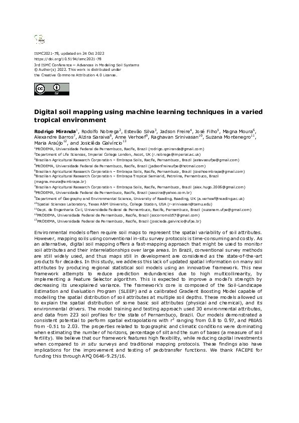 (PDF) Digital soil mapping using machine learning techniques in a varied tropical environment
