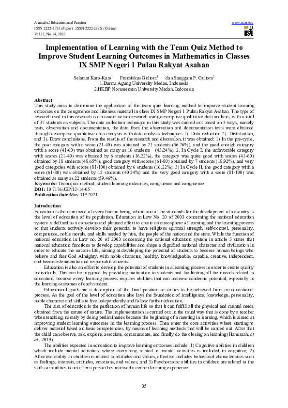 (PDF) Implementation of Learning with the Team Quiz Method to Improve Student Learning Outcomes ...