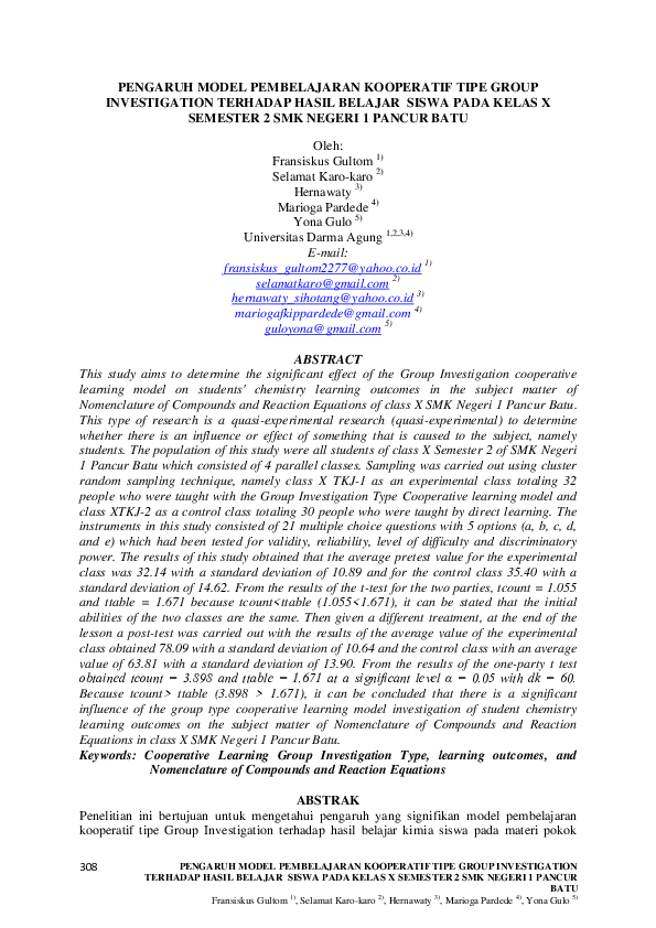 (PDF) Pengaruh Model Pembelajaran Kooperatif Tipe Group Investigation Terhadap Hasil Belajar ...