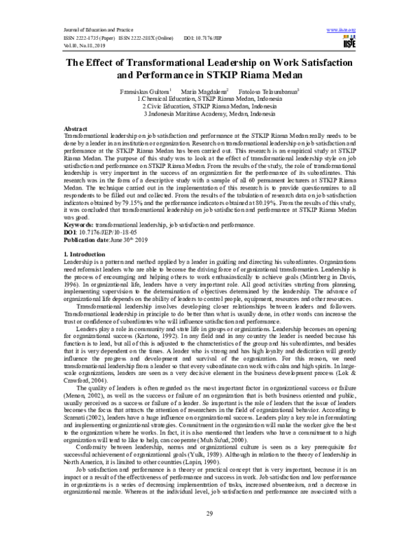 (PDF) The Effect of Transformational Leadership on Work Satisfaction and Performance in STKIP ...