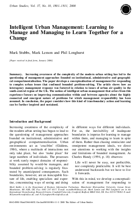 (PDF) Intelligent Urban Management: Learning to Manage and Managing to ...