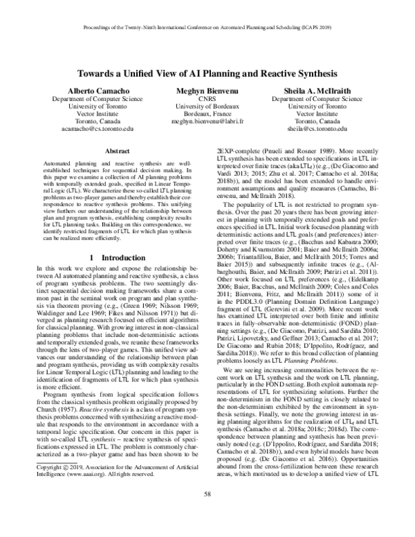 (PDF) Towards a Unified View of AI Planning and Reactive Synthesis