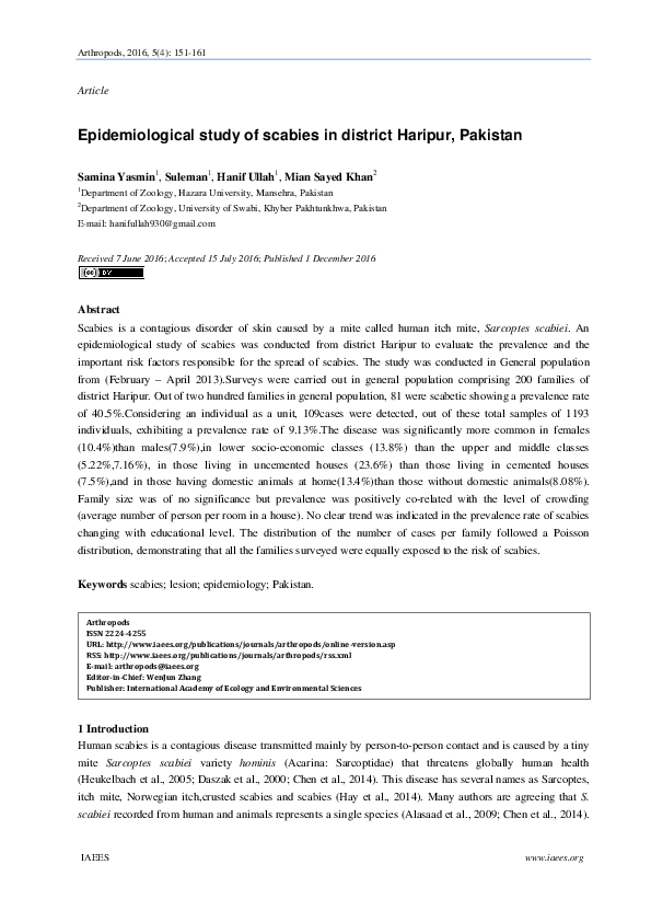 (PDF) Epidemiological study of scabies in district Haripur , Pakistan ...