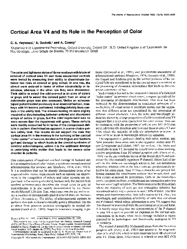 (PDF) Cortical area V4 and its role in the perception of color