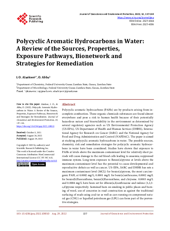 (PDF) Polycyclic Aromatic Hydrocarbons in Water: A Review of the Sources, Properties, Exposure ...