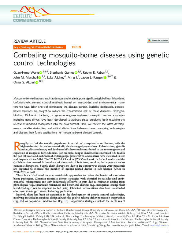 (PDF) Combating mosquito-borne diseases using genetic control technologies