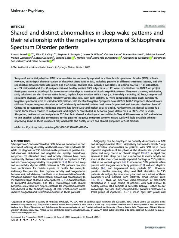 (PDF) Shared and distinct abnormalities in sleep-wake patterns and ...