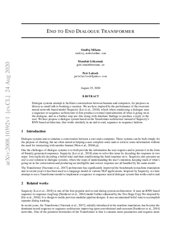 (PDF) End to End Dialogue Transformer
