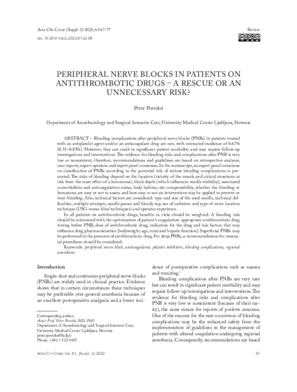 (PDF) Peripheral Nerve Blocks in Patients on Antithrombotic Drugs – a ...