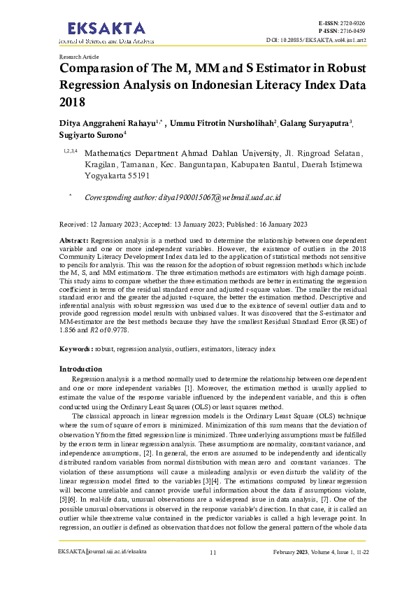 (PDF) Comparasion of The M, MM and S Estimator in Robust Regression Analysis on Indonesian ...