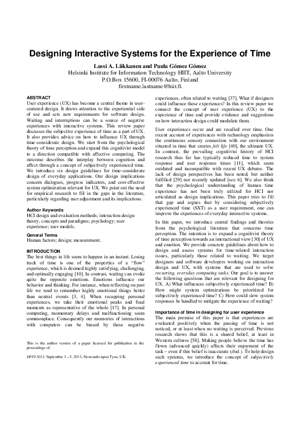 (PDF) Designing interactive systems for the experience of time | Paula ...