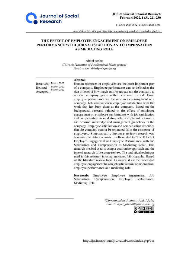 (PDF) The Effect of Employee Engagement on Employee Performance with Job Satisfaction and ...