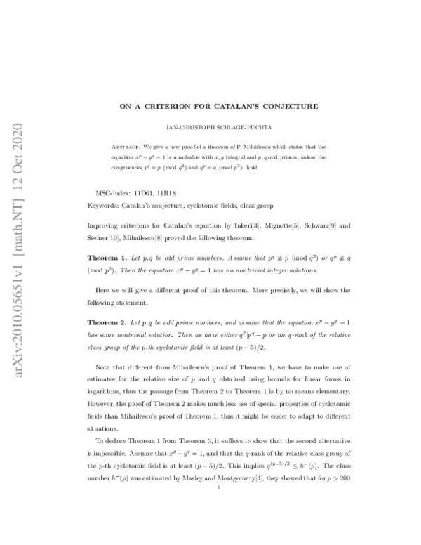 (PDF) On a Criterion for Catalan's Conjecture