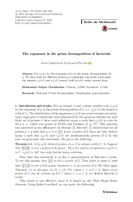 (PDF) The exponents in the prime decomposition of factorials