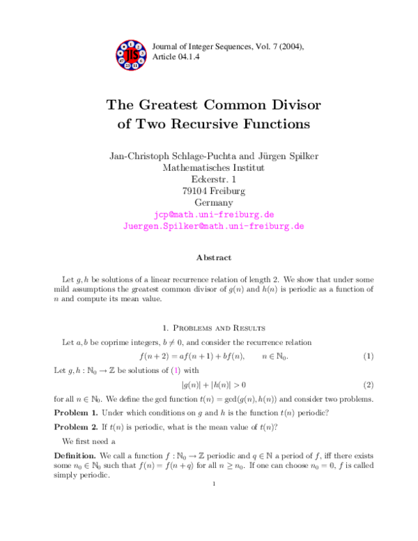 Pdf The Greatest Common Divisor Of Two Recursive Functions Jan Christoph Schlage Puchta