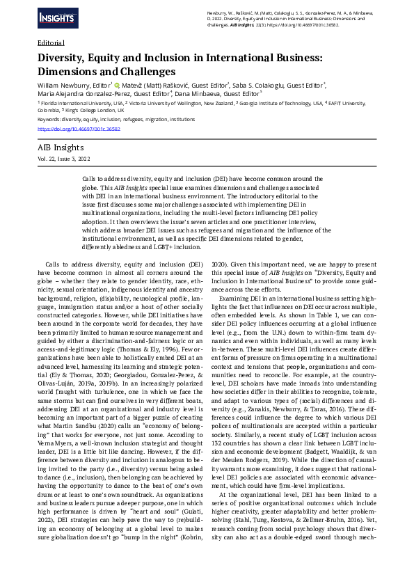 (PDF) Diversity, Equity and Inclusion in International Business: Dimensions and Challenges