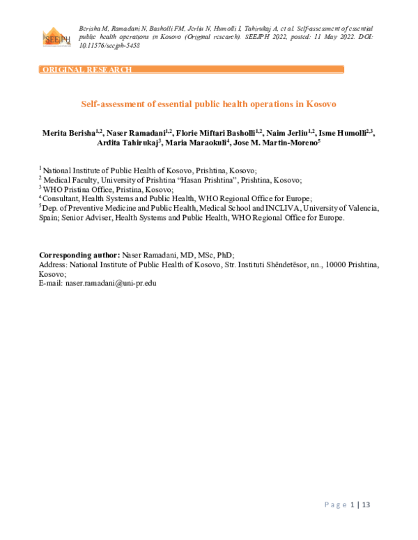 (PDF) Self-assessment of essential public health operations in Kosovo