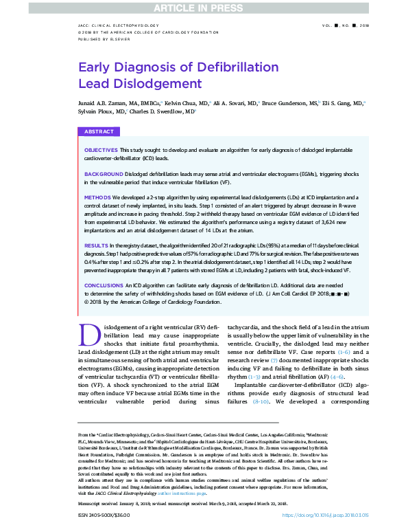 (PDF) Early Diagnosis of Defibrillation Lead Dislodgement