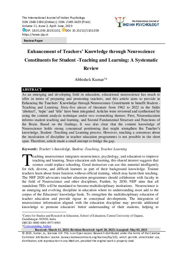 (PDF) Enhancement of Teachers’ Knowledge through Neuroscience ...