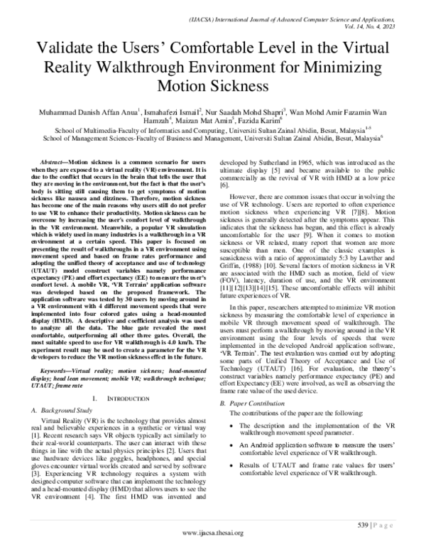 (PDF) Validate the Users’ Comfortable Level in the Virtual Reality Walkthrough Environment for ...