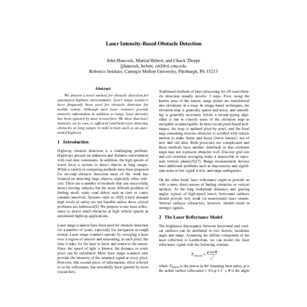 Pdf Laser Intensity Based Obstacle Detection
