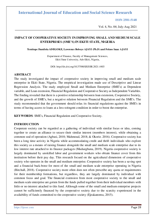 (PDF) Impact of Cooperative Society in Improving Small and Medium Scale Enterprises (Sme’S) in ...