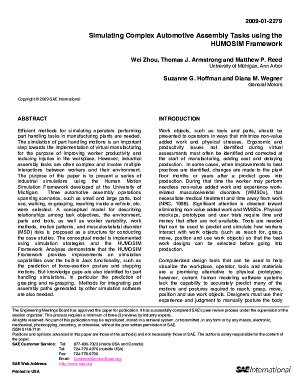 (PDF) Simulating Complex Automotive Assembly Tasks using the HUMOSIM Framework
