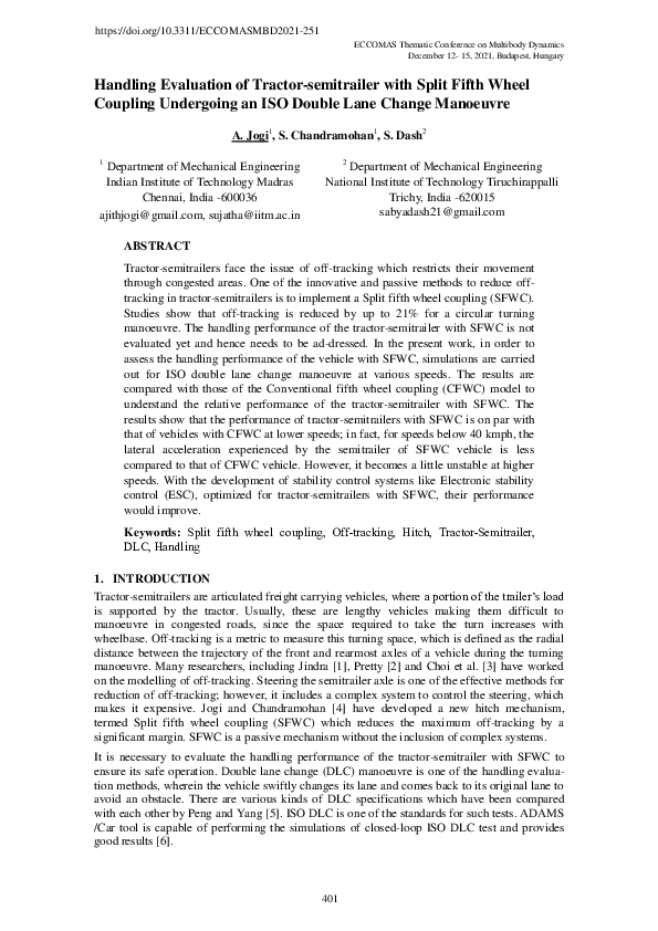(PDF) Handling Evaluation of Tractor-semitrailer with Split Fifth Wheel ...
