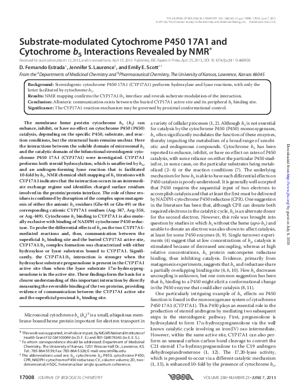(PDF) Substrate-modulated Cytochrome P450 17A1 and Cytochrome b5 ...