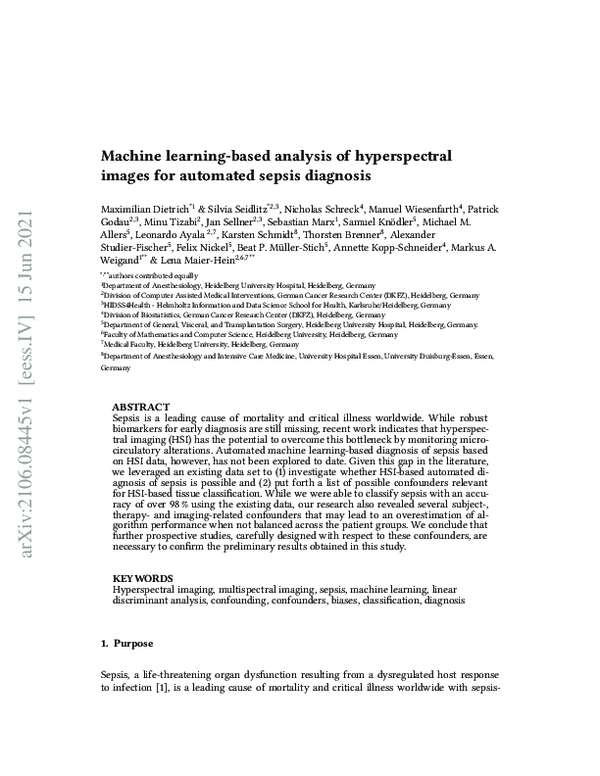 (PDF) Machine learning-based analysis of hyperspectral images for automated sepsis diagnosis