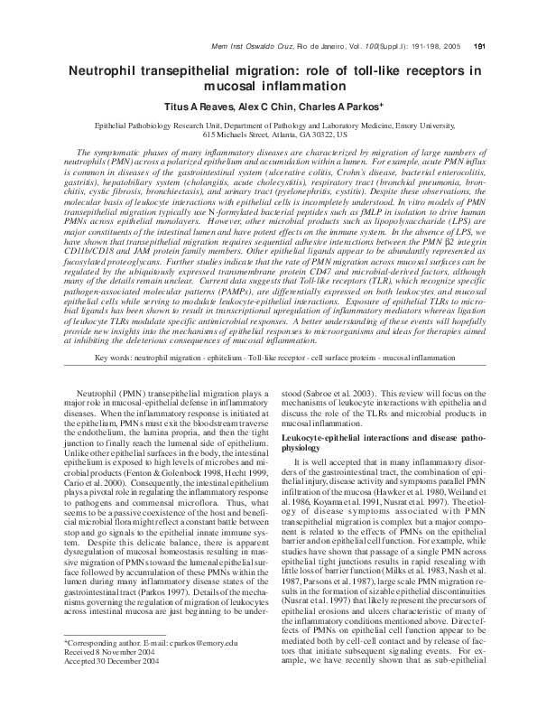 (PDF) Neutrophil transepithelial migration: role of toll-like receptors ...