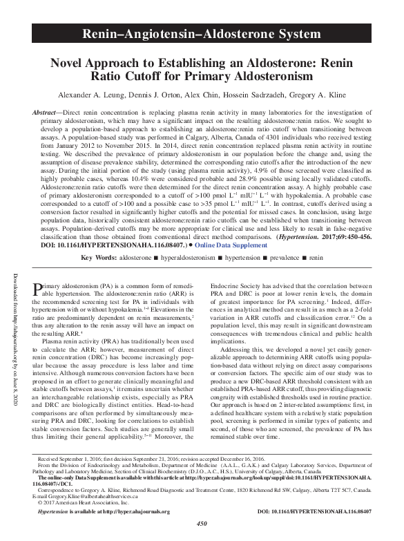 (PDF) Novel Approach to Establishing an Aldosterone: Renin Ratio Cutoff for Primary Aldosteronism