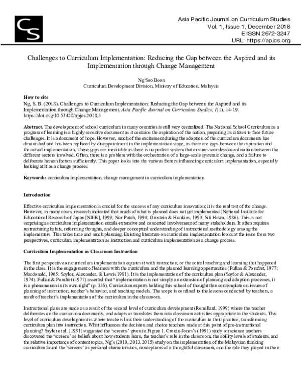 (PDF) Challenges to Curriculum Implementation: Reducing the Gap between the Aspired and its ...