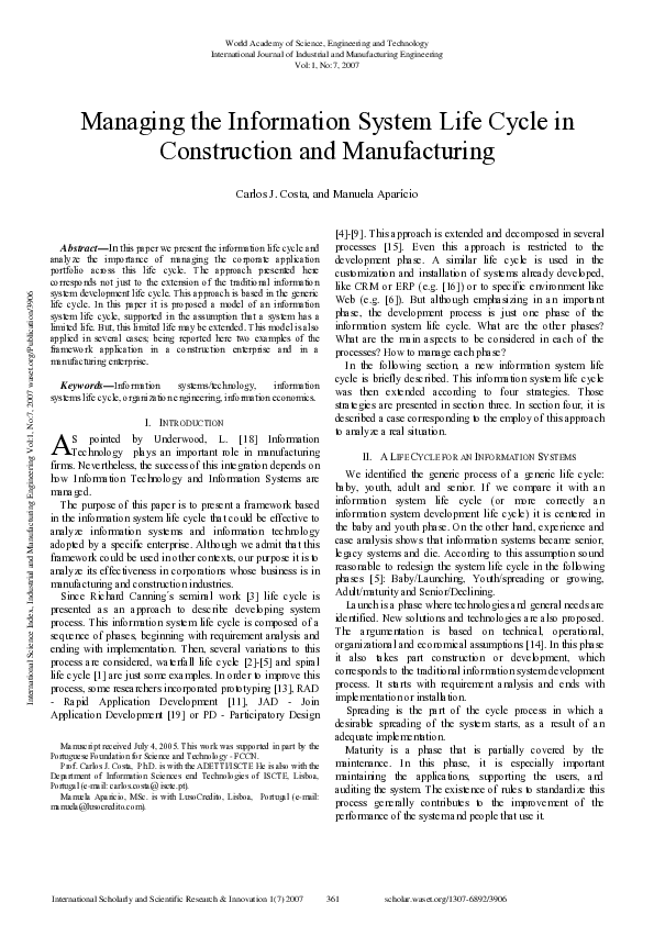 (PDF) Managing the Information System Life Cycle in Construction and ...