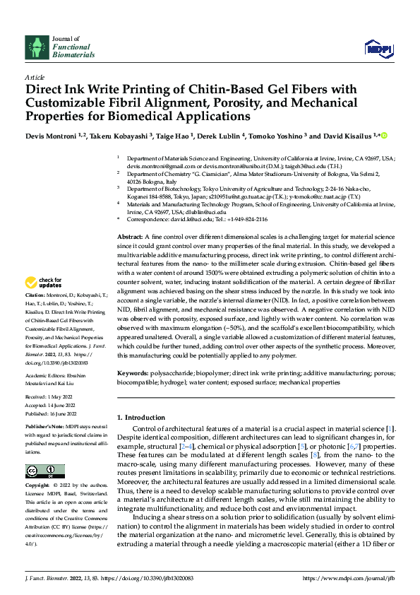 (PDF) Direct Ink Write Printing of Chitin-Based Gel Fibers with Customizable Fibril Alignment ...
