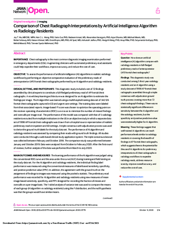 (PDF) Comparison of Chest Radiograph Interpretations by Artificial Intelligence Algorithm vs ...