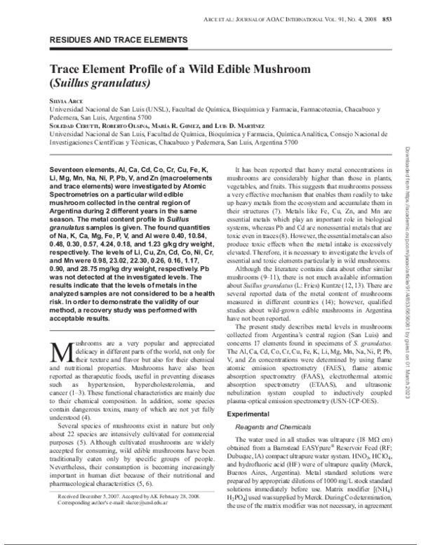 (PDF) Trace Element Profile of a Wild Edible Mushroom (Suillus granulatus)