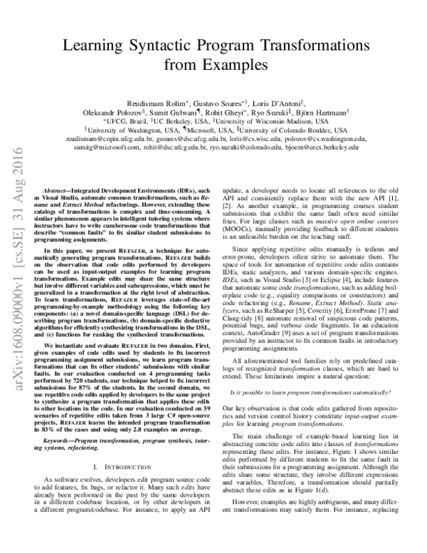 (PDF) Learning Syntactic Program Transformations from Examples