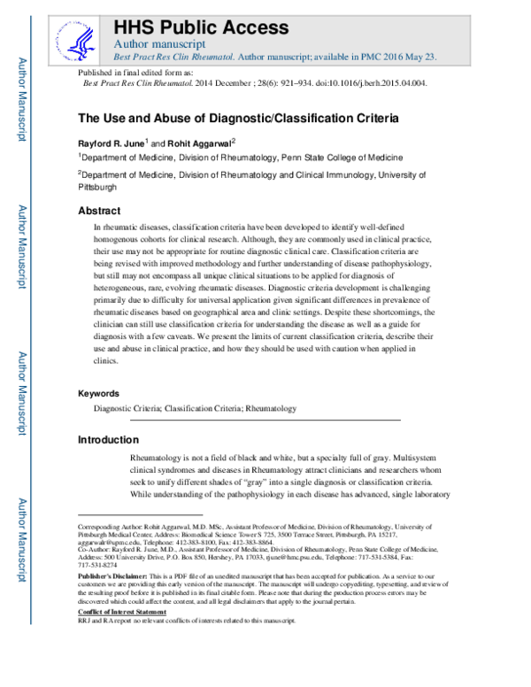 (PDF) The use and abuse of diagnostic/classification criteria