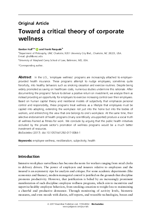 (PDF) Toward a critical theory of corporate wellness