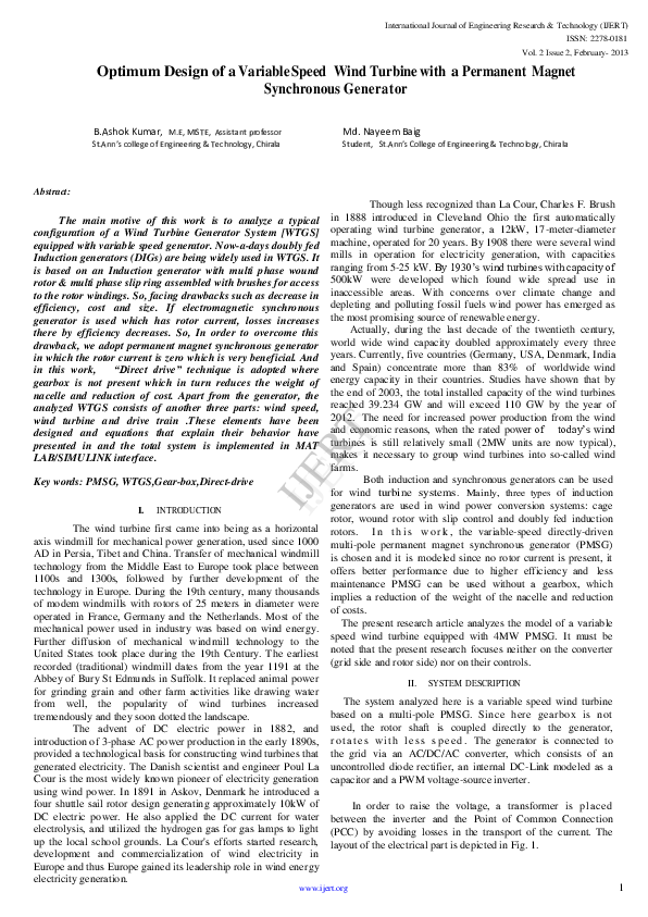 (PDF) Optimum Design of a Variable Speed Wind Turbine with a Permanent Magnet Synchronous Generator