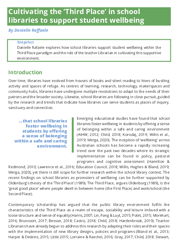 (PDF) Cultivating the 'Third Place' in school libraries to support student wellbeing