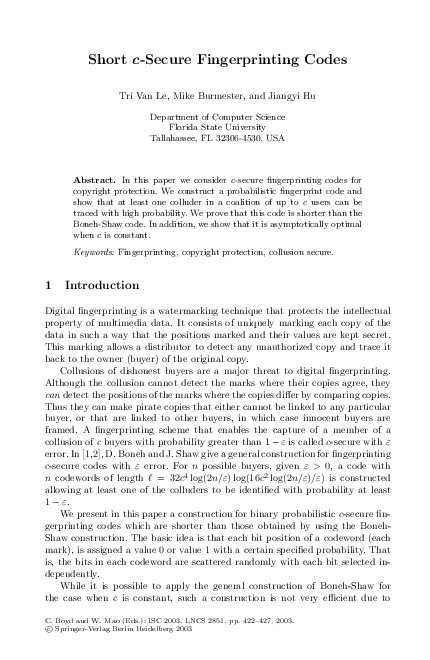 (PDF) Short c-Secure Fingerprinting Codes