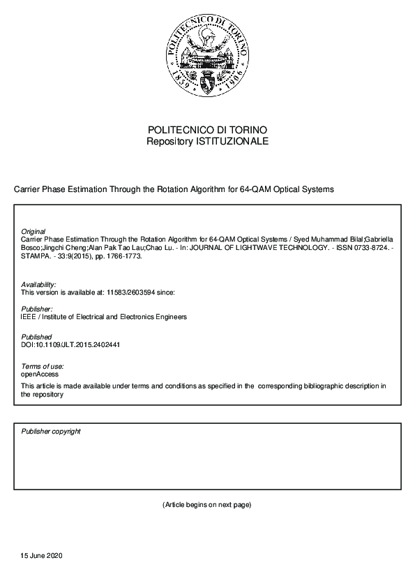 Pdf Carrier Phase Estimation Through The Rotation Algorithm For 64