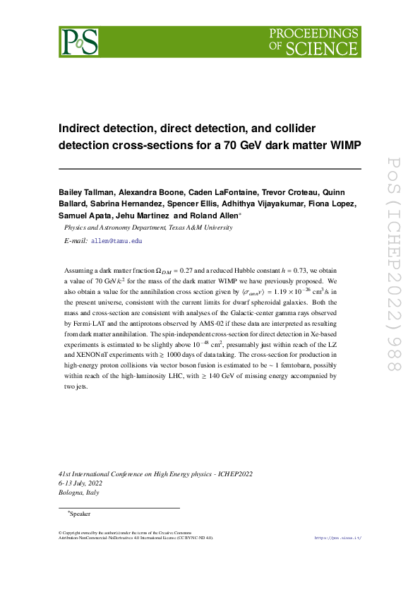 (PDF) Indirect detection, direct detection, and collider detection cross-sections for a 70 GeV ...