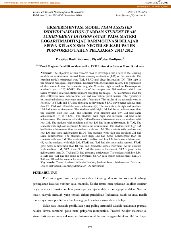 (PDF) Eksperimentasi Model Team Assisted Individualization (Tai)dan Student Team Achievement ...