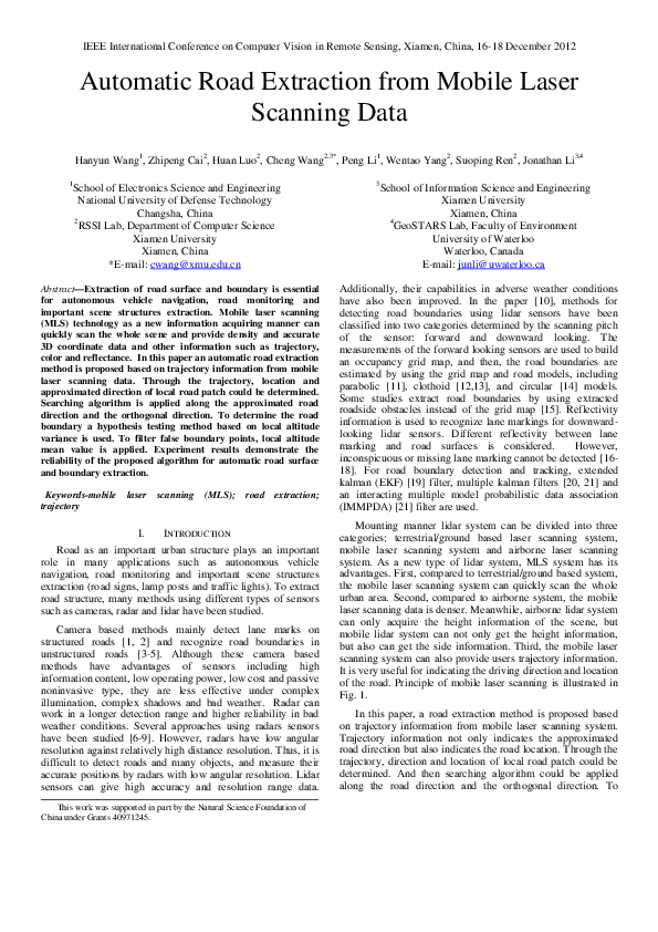 Pdf Automatic Road Extraction From Mobile Laser Scanning Data