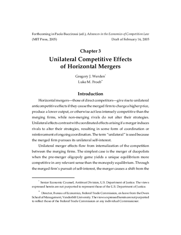 (PDF) Unilateral competitive effects of horizontal mergers I: Basic ...