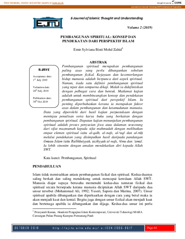 (PDF) Pembangunan spiritual: konsep dan pendekatan dari perspektif Islam / Emie Sylviana Mohd Zahid